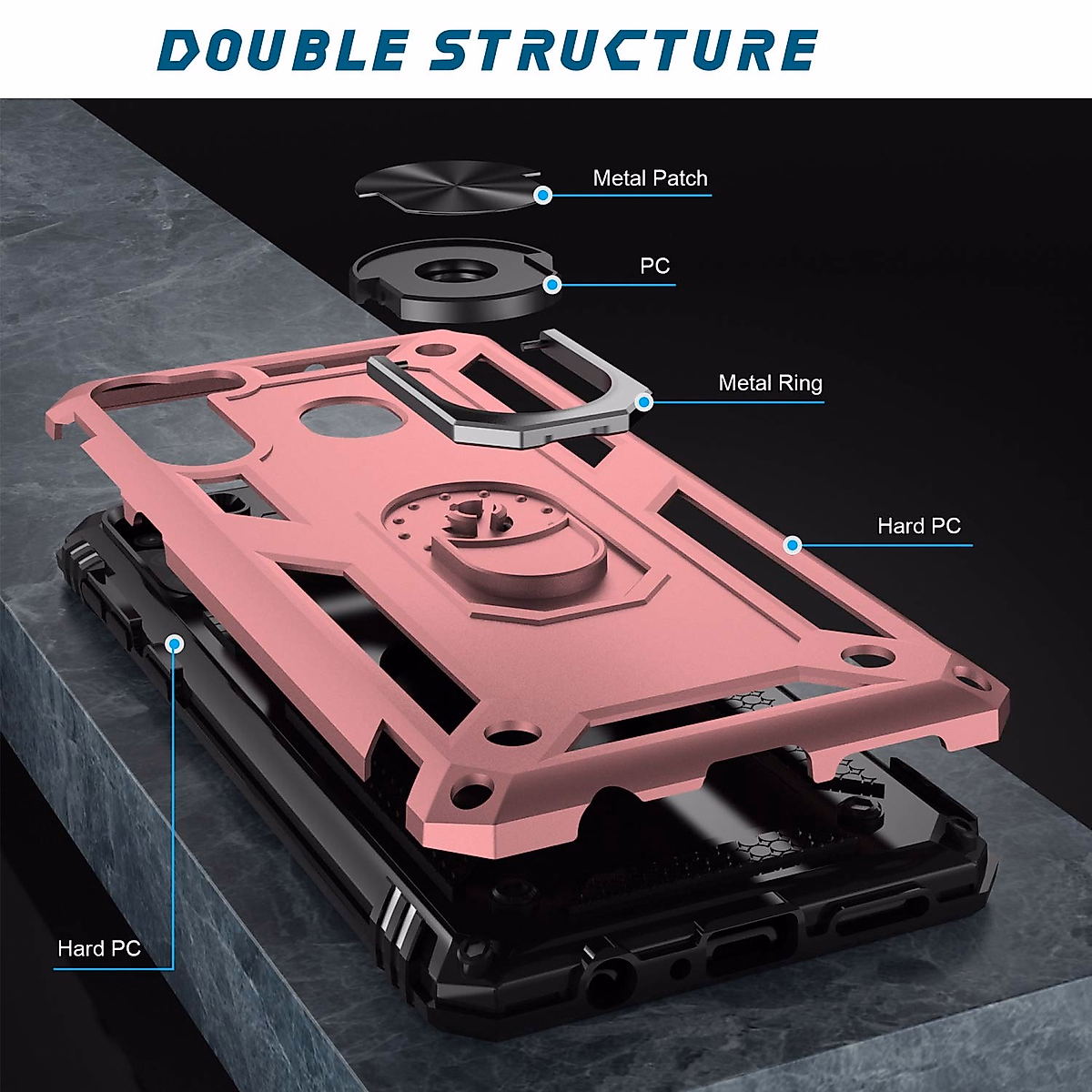 MERRO for Galaxy A21 Case with Screen Protector,Military Grade Heavy Duty Shockproof Protective Phone Cover Pass 16ft Drop Test with Magnetic Kickstand and Car Mount Holder Rose Gold Color