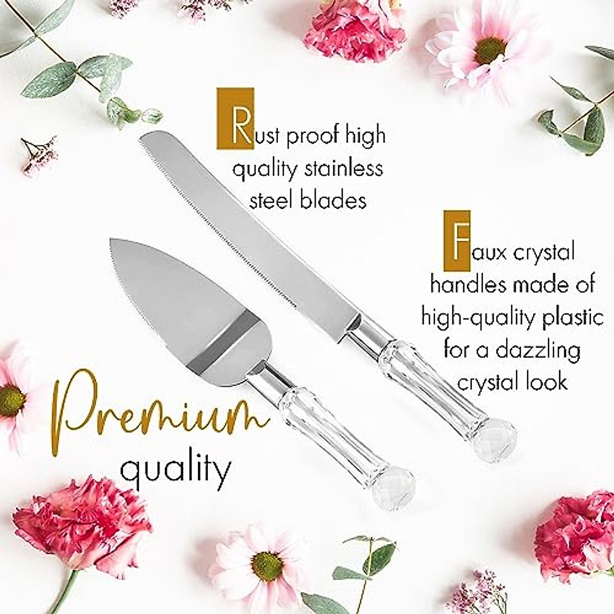 Homi Styles Cake Knife and Server Set | Acrylic Faux Crystal Handles & Premium 420 Stainless Steel Blades | Cake Cutting Set for Wedding Cake, Birthdays, Anniversaries, Parties (Crystal Silver)