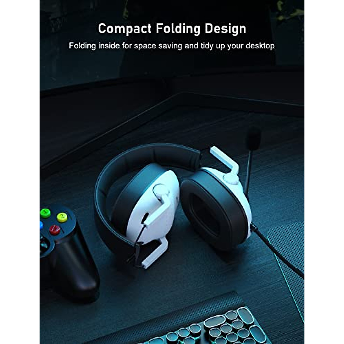 SENZER SG500 Surround Sound Pro Gaming Headset with Noise Cancelling Microphone - Detachable Memory Foam Ear Pads - Portable Foldable Headphones for PC, PS4, PS5, Xbox One, Switch - White