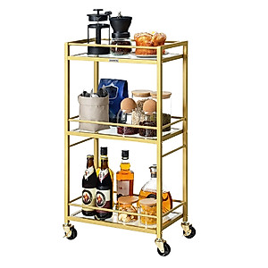 MAHANCRIS Bar Cart for The Home, Home Bar Serving Cart, Gold Bar Cart with 3-Tier Glass Shelf, Wine Holders, Glass Holder, Mini Bar Cart for Small Space, Kitchen, Dining Room, Gold RCJ40B01