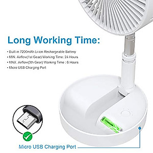 Portable Foldable Cordless Fan Rechargeable, Portable Pedestal Fan Foldaway Standing Fan Desk and Floor Fan Wireless with 7200Mah Battery Operated Standing Fan for Home Kitchen Outdoor Camping (White)