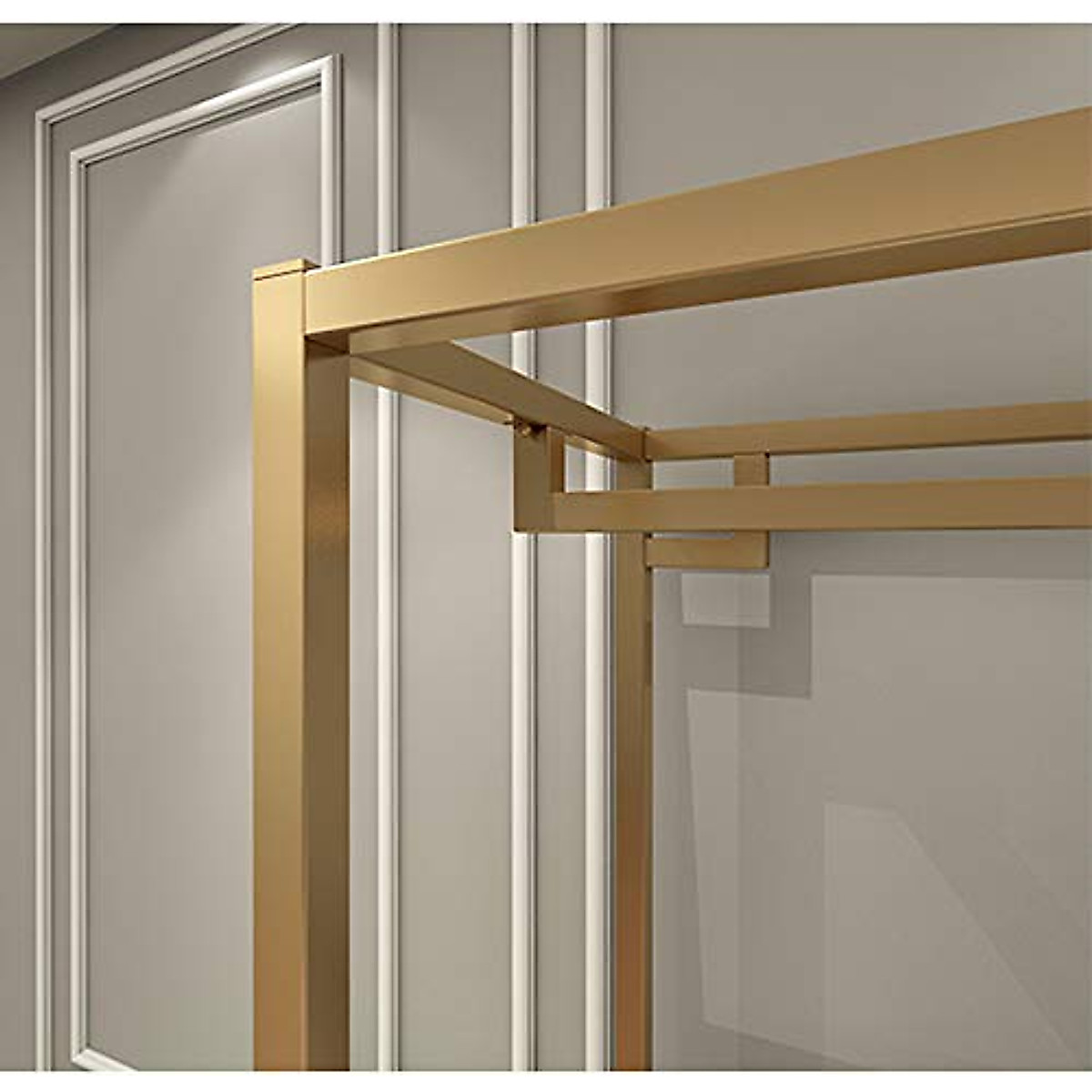 HOMEKAYT Gold Clothing Racks with Shelves, Weeding Dress Retail Clothes Rack,Freestanding Rack, Shoes Bags Clothes Organizer Garment Rack (59" L)