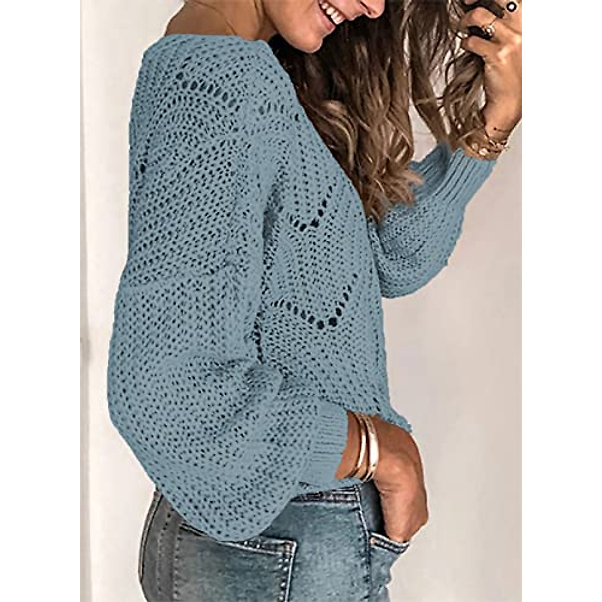 Dokotoo Womens Ladies Cute Fashion Casual Loose Winter Fall 2023 Color Block Hollow Out Chunky Cable Knit V Neck Long Sleeve Sweaters Pullover Dusty Blue Large