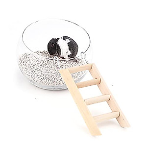 Kelendle Hamster Glass Bathroom with Wooden Ladder Transparent Glass Hamster Toilet Hamster Sand Bath Container Small Animal Cage Accessories for Indoor and Outdoor Decoration