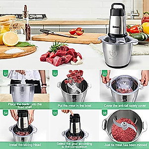 Electric Meat Grinder, Qinkada 500W Food Processor 3.5L Chopping Meat, 14Cup Large Stainless Steel Electric Food Chopper with 4 Sharp Blades 3 Rotating Speed Levels and Spatula