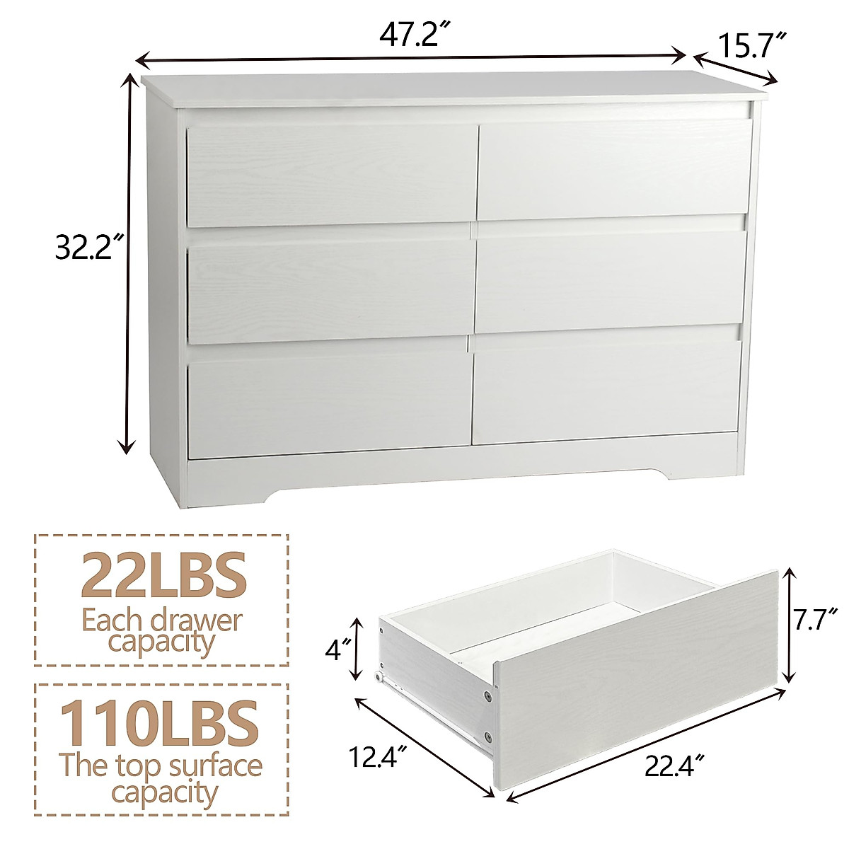 CATMIX Dresser for Bedroom, White Drawer Double Dresser, Wood Modern Drawer Chest of Drawers with Deep Drawers, Wide Storage Organizer Cabinet for Bedroom, Living Room, 6 Drawer Dresser