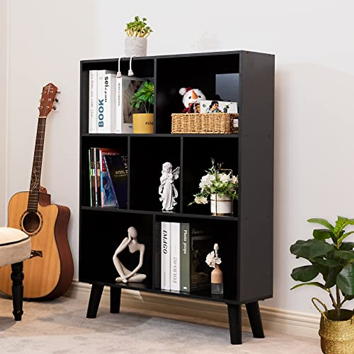 YAHARBO Black Bookshelf,3 Tier Modern Bookcase with Legs,Bookshelves Wood Storage Shelf,Rustic Open Book Shelves Cube Organizer,Free Standing Short Bookcases for Small Space,Bedroom,Living Room,Office