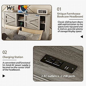 SOFTSEA Farmhouse Bedroom Set, Full Size Platform Bed with Storage Headboard, Nightstand and Dresser, Wood Bedroom Furniture Set, 3 Piece Full Bedroom Set, Gray