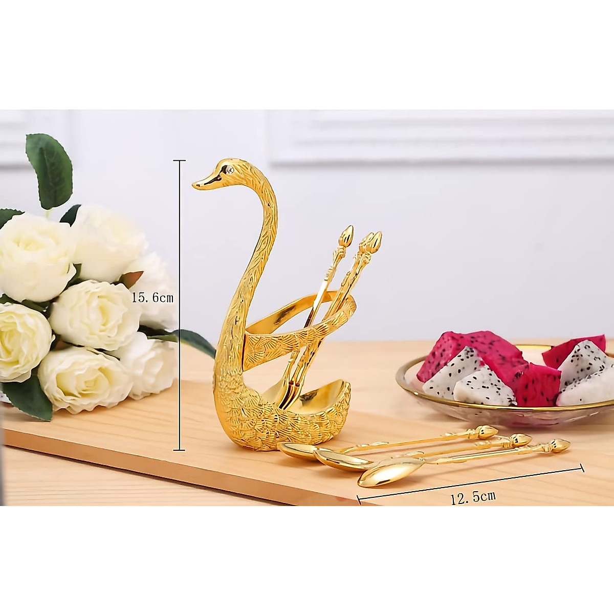 6 Pcs Metal Coffee Spoons Set ,Stainless Steel Dessert Spoon,Ice Cream Spoon with Swan Holder Household Tableware Gold spoon 6 15*5*7.5