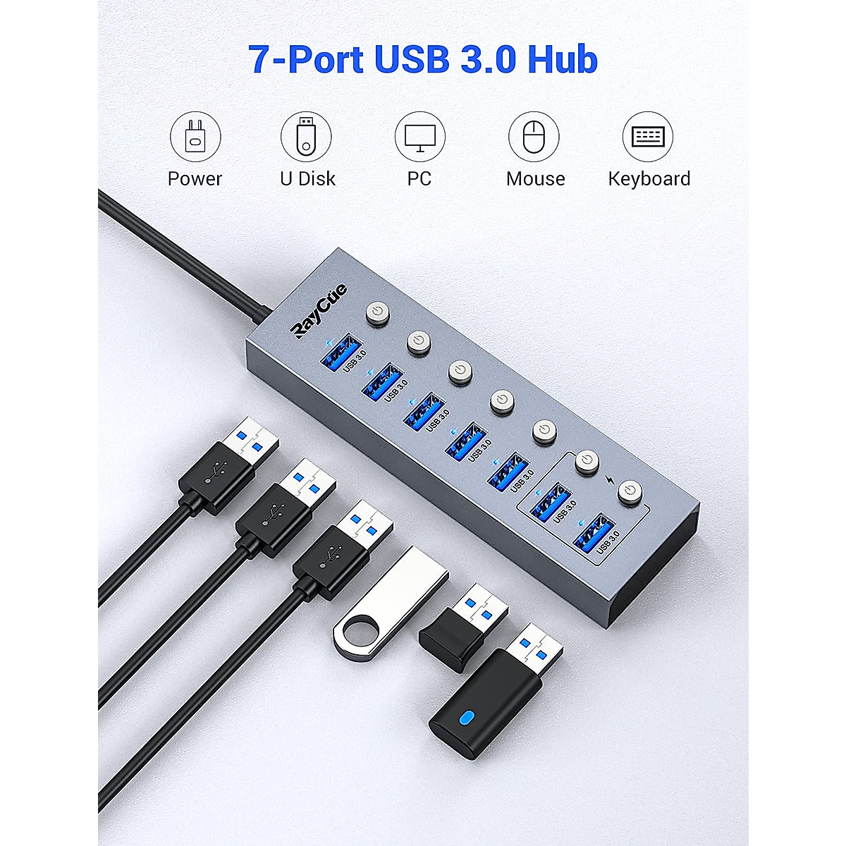 Powered USB 3.0 Hub, Aluminum 7-Port USB Data Hub Splitter with 5V/3A AC Adapter and Individual On/Off Switches, USB Hub Powered Charging for MacBook Pro/Air, PC, Laptops, Surface Pro,HP, etc
