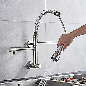 Kitchen Sink Faucet for Bar Farmhouse Commercial, Black/Chrome Brass Kitchen Faucet, Vessel Sink Mixer Tap, Spring Dual Swivel Spouts Sink Mixer, Bathroom Faucets, Wall Mounted Tap (Color : Brushed N