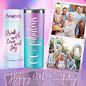 Onebttl 60th Birthday Gifts for Women, 60 & Fabulous, 60th Birthday Gift Idea for Women, 60th Bday Gifts, Stainless Steel Tumbler 20Oz - Glitter Purple&Blue