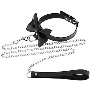JNKET Bow-Knot Choker Punk Hauling Chain PU Leather Collar Metal Ring Gothic Necklace Adjustable Size (Black)