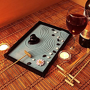 Oasis of Calm Zen Garden Kit. 11x8 Beautiful Premium Japanese Decor Mini Rock Garden Meditation Gifts Set. Home, Office Desk Accessories. Zen Decor Zen Sand Garden. Aqua Blue Sand, 6 Tools, 6 Feature