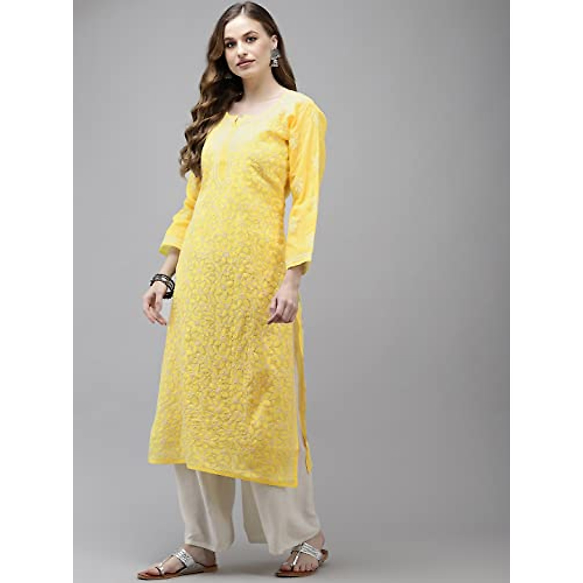Ada Indian Hand Embroidered Chikankari Women's Cotton Straight Tunic Kurti Kurta A411345 (Yellow, 5XL)