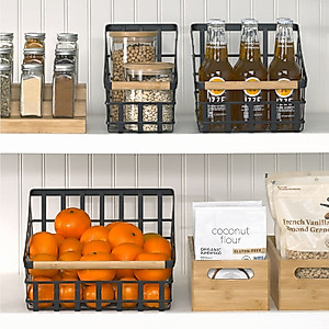 mDesign Slim Slanted Metal Wire Kitchen Storage Basket Bin Organizer with Wood Handle for Pantry, Cabinet, Cupboard, or Countertop Organization - Yami Collection - Matte Black/Natural