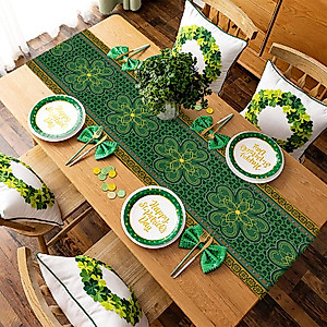 WAZZIT St. Patrick's Day Cotton Table Runner Decorative - Holiday Table Setting Decor Single Layer 13x70inch Traditional Shamrock Irish Decor Retro Geometric