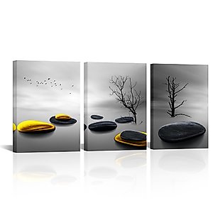 MLOML 3Pcs Modern Bathroom Yellow Gray Wall Art Picture Balance Stone Pebble Canvas Print Black and White Tree Zen Artwork Wall Decor for Office Bedroom 12x16 inchx3