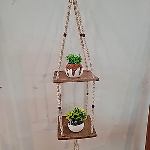 OAM Elegant Hanging Shelf - Wood Hanging Shelves - Farmhouse Rope Shelves for Bedroom Living Room Bathroom | Hanging Plant Shelf - Square 2 Tier Floating Shelf (Triangle Mount) | Black Beads