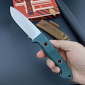 Buschcrafter 162 fixed blade tactical knives 4.43" D2 Satin Blade Outdoor Knife with Green G10 Handle Leather Sheath