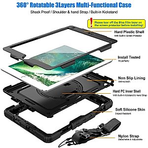 SEYMAC stock case for iPad 6th/5th Generation Case 9.7'' with Screen Protector Pencil Holder [360 Rotating Hand Strap] &Stand, Drop-Proof Case for iPad 6th/5th/ Air 2/ Pro 9.7 (Black)