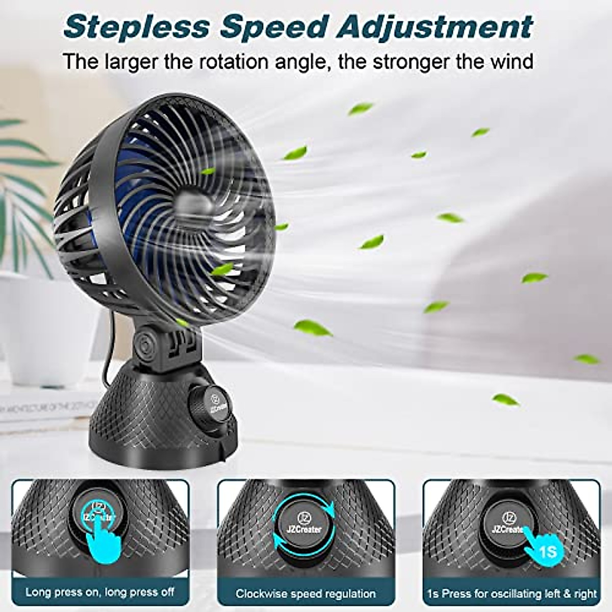 JZCreater USB Desk Fan, USB Mini Fan with Stepless Speed, 90°Auto Oscillating Fan, Quiet Rotation Strong Wind, Small Personal Fan for Bedroom Home Office Table Outdoor Stroller, 4.8inch(Black Blue