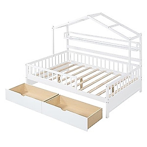 CKLMMC Full Size House Bed with 2 Drawers and 2 Shelves,Wooden Daybed Frame with Roof,Bedroom Furniture for Kids, Teens, Girls & Boys, Can Be Decorated (White/House-F)