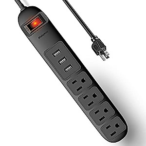 Power Strip Surge Protector with 4 AC Outlets & 3 USB Ports, Manymax 6 Ft Extension Cord, 1050J Surge Protection, Overload Protection (125V/15A/1875W), Wall Mount for Home, Office, Dorm-Black (1 Pack)