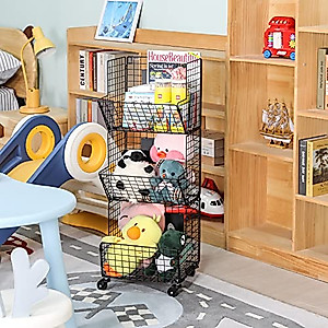 3 Tier Rolling Toy Organizer Basket - Wire Kids Toy Storage with Wheel, S-Hooks, Adjustable Chalkboards - Toy Storage Cart Wall Bookshelf for Kids Room, Playroom, Bedroom