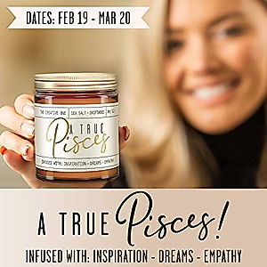 Pisces Gifts for Women, Zodiac Gifts - A True Pisces Soy Zodiac Candle, w/ Sea Salt & Driftwood I Astrology Gifts for Women I 9oz Reusable Amber Glass Jar, 50 Hr Burn Time, Made in USA
