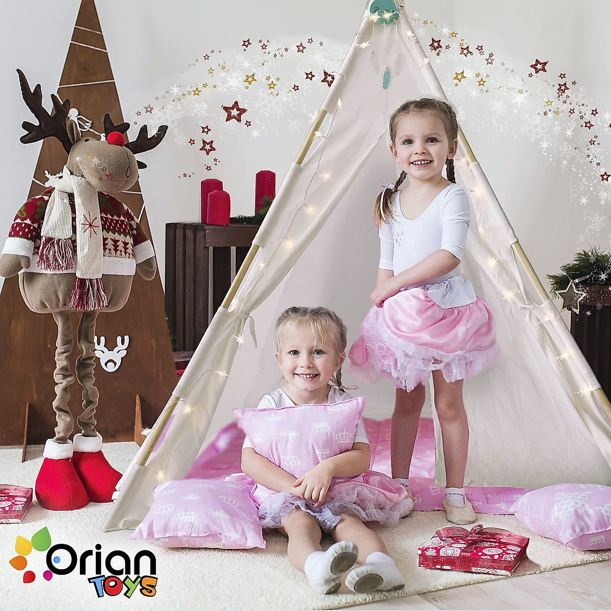Teepee Tent for Kids - Indoor Tent, Pompon Ball Design, Built-in Mat, Inner Pockets, Window, LED Star Lights, Dream Catcher, Unique Threaded Poles - Strong Foldable Play Tent for Girls & Boys.