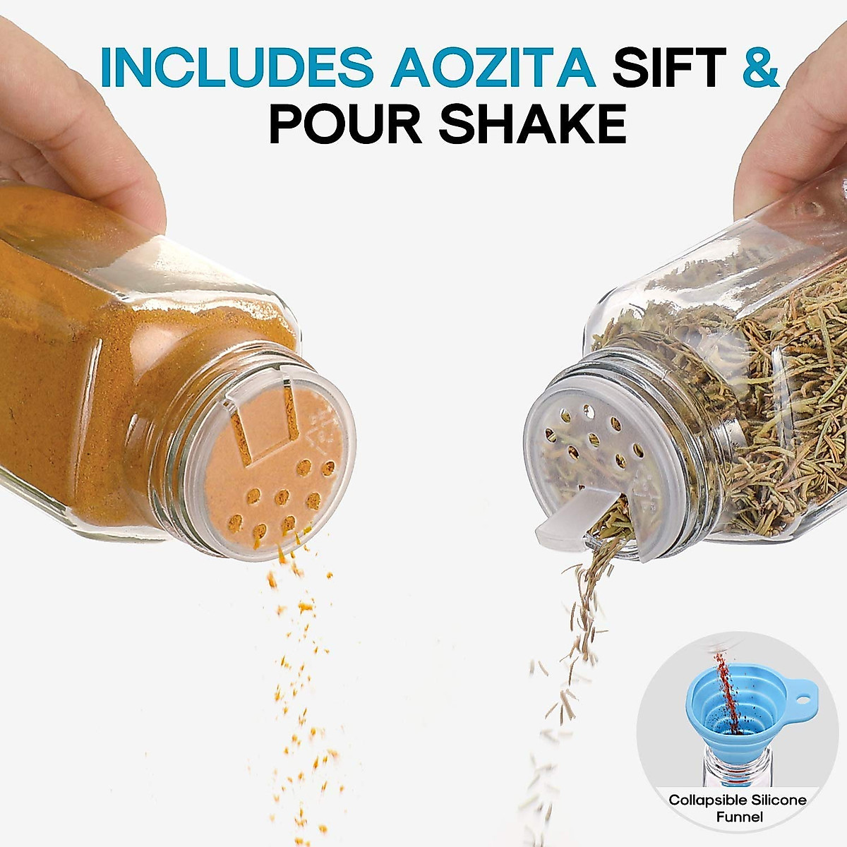 AOZITA 24 Pcs Glass Spice Jars/Bottles with Spice Labels - 4oz Empty Square Spice Containers, Condiment Pot - Shaker Lids and Airtight Metal Caps - Silicone Collapsible Funnel Included