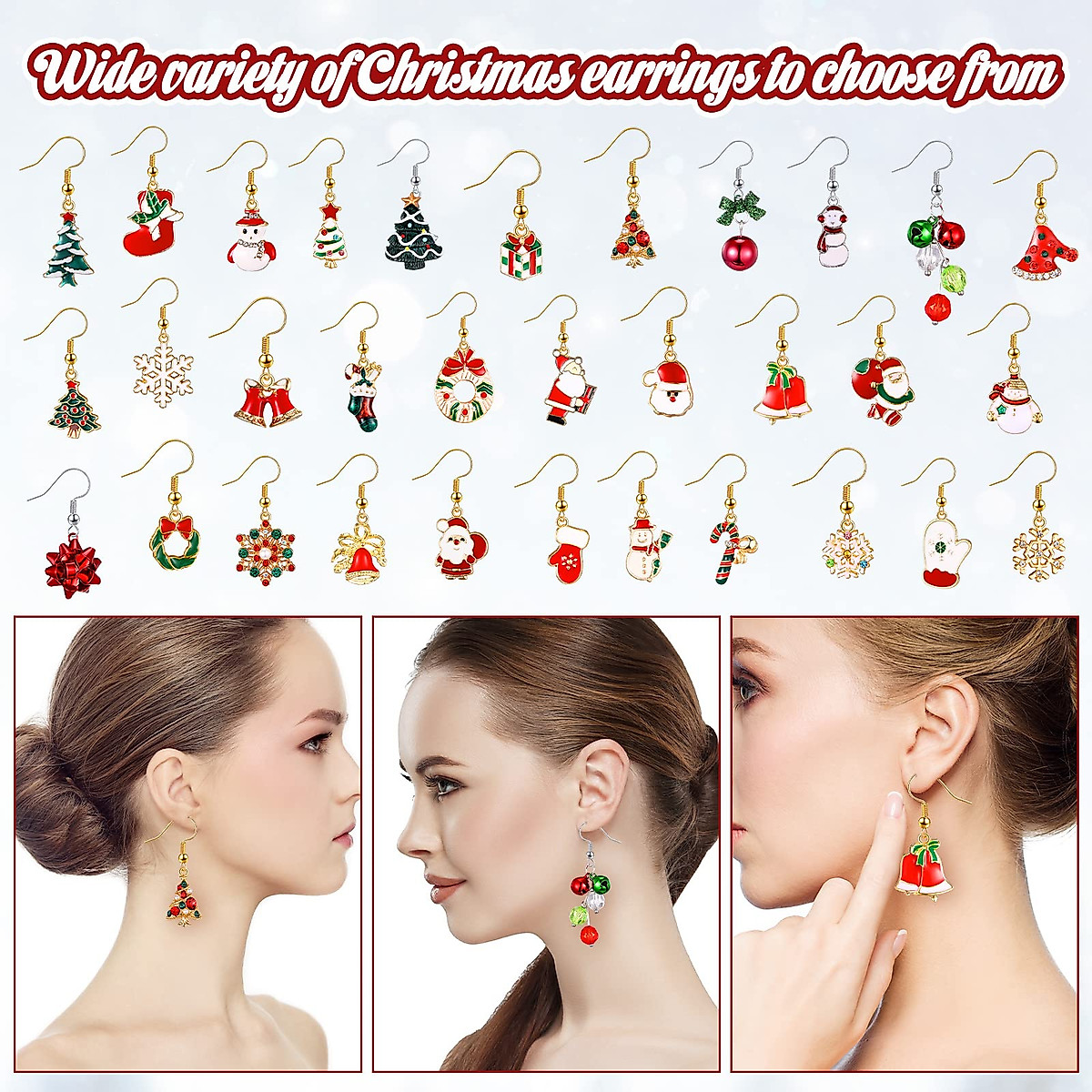 32 Pairs Christmas Earrings for Women Girls, Thanksgiving Xmas Holiday Jewelry Dangle Earrings Set, Christmas Tree Bow Snowman Candy Drop Earrings Xmas Earrings Gift for Girls (Classic Style)