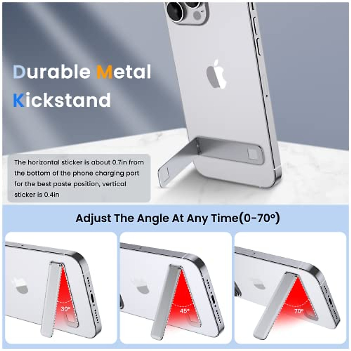 ICHECKEY Ultra-Thin Kickstand for Cell Phone. Reinforced Drop Protection, 2 Pack Adjustable Angle Orizontal/Vertical Desk Stand Holder Accessories for All Smartphone, iPad, Tablet [4.7-10.8''] -Silver