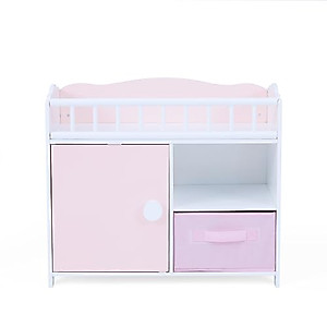 Olivia's Little World Polka Dot Princess Wooden Baby Doll Crib with Under-The-Crib Storage Featuring a Cabinet with Door and Two Cubbies, Pink and White