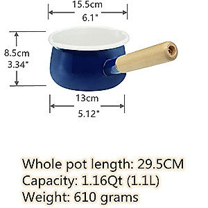 YumCute Home Enamel Milk Pan with Dual Pour Spout Butter Warmer Milk Pot Healthy White Enamel Inside Coating Iron 1QT Enamel Saucepan Small Soup Pot with Wooden Handle Handy Pot (Blue)