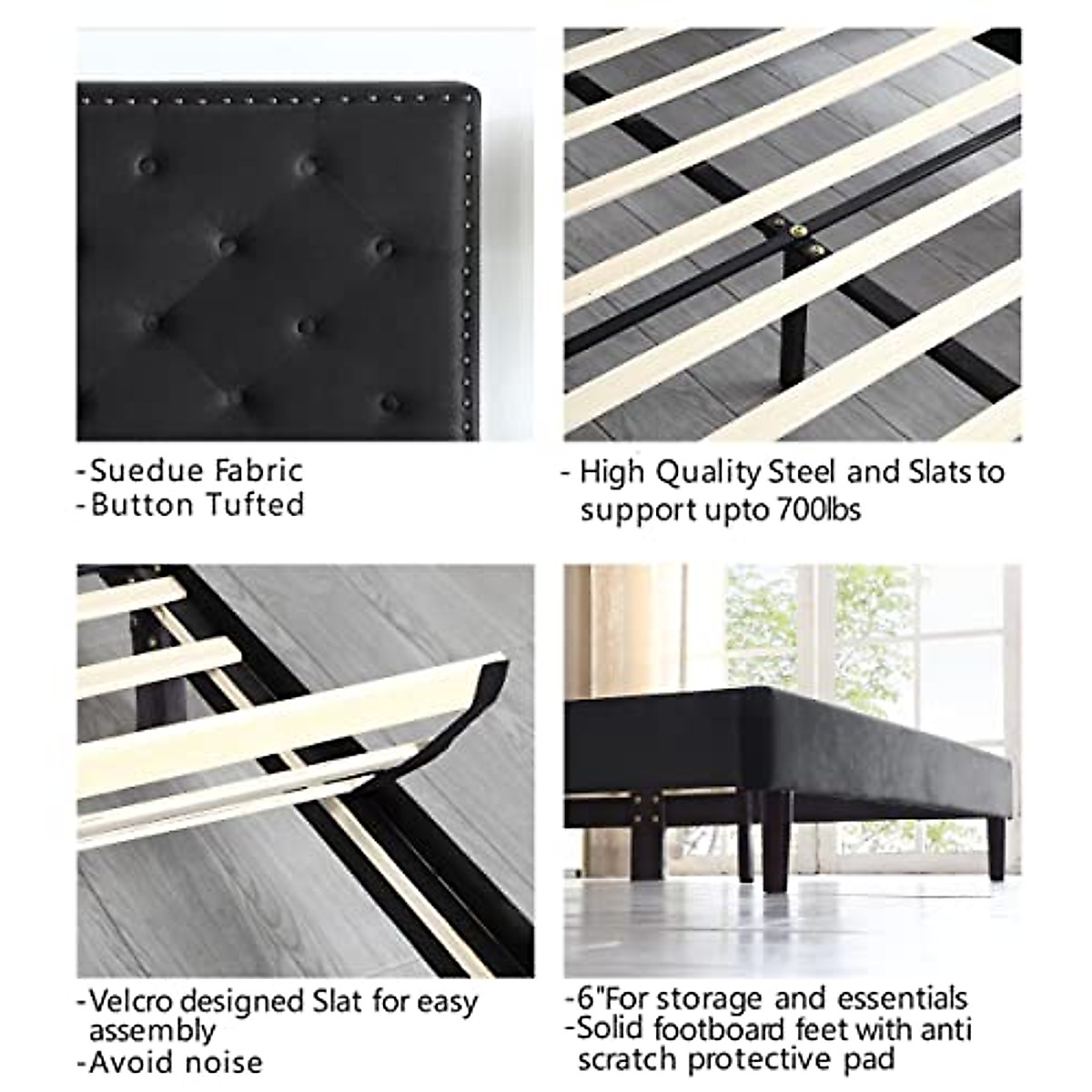 King Upholstered Platform Bed Frame with 48" Tall Adjustable Headboard - Button Tufted Suede Velour Bed- Wood Slat Support with Storage Space- No Box Spring Needed - Black - OLIVER & SMITH - Princeton