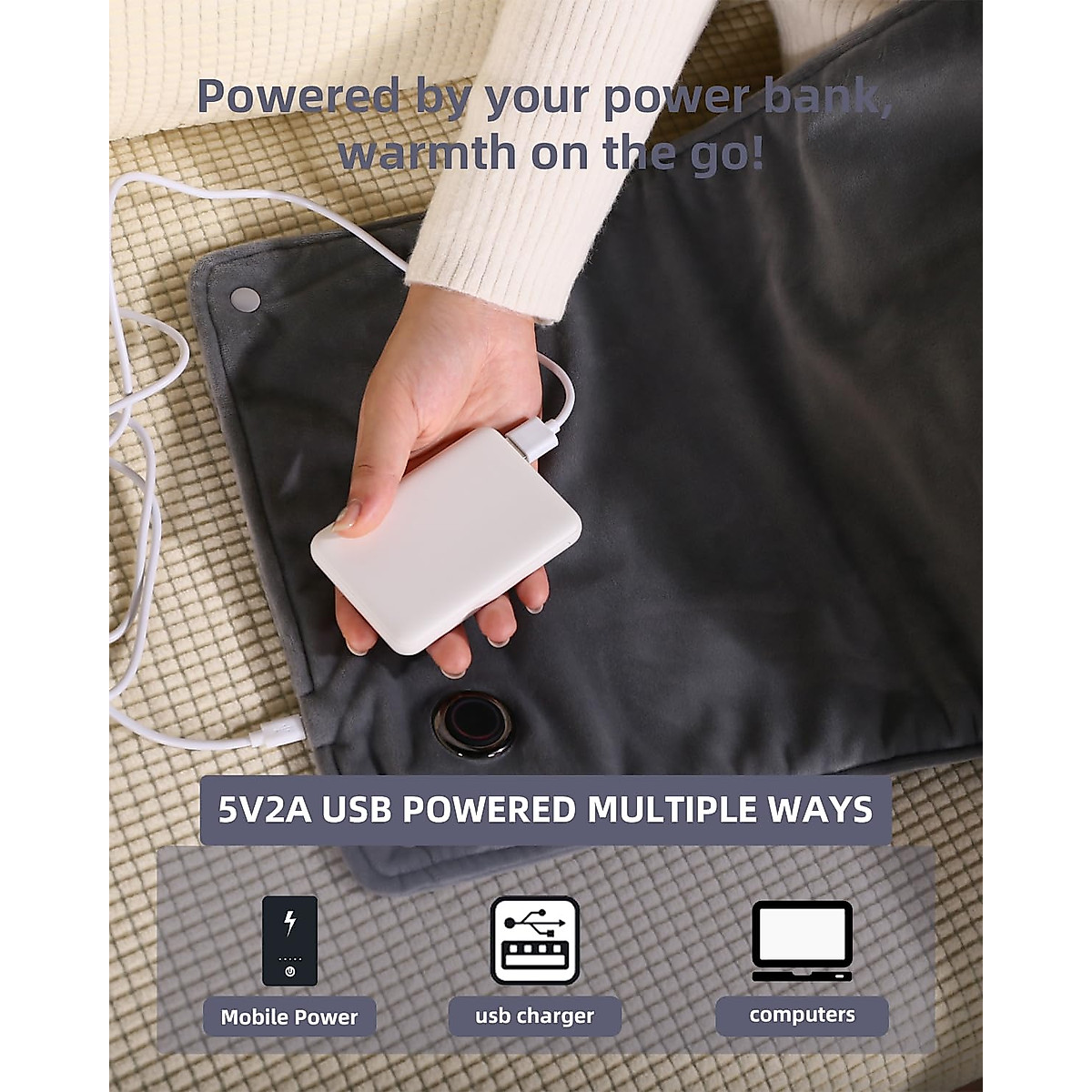 USB Heating Pad for Back,Neck,Shoulder,Abdomen,Knee and Leg Pain Relief,3 Heat Settings and Auto-Off, Machine Washable, Gifts for Women Men Mom Dad,12" x 24"