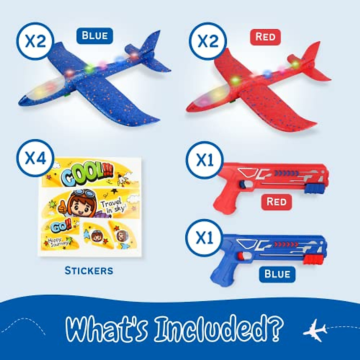 Toy Airplane Launcher - Outdoor Games - 4 Pack 17.5 Foam Glider Planes + 2 Launchers + 4 Sets of Stickers - LED Lights - Throwing Toys for Kids - Red & Blue Flying Toys – 4 5 6 7 8 Year Old Boys Girls