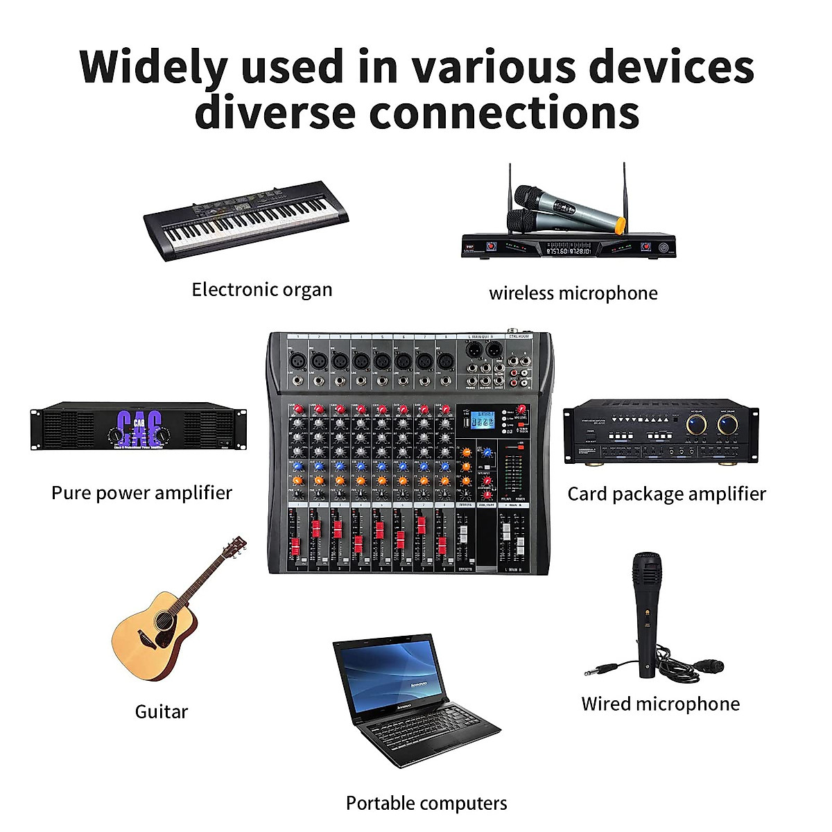 Mixers Audio 8 Channel Mixer, Dj Mixer Board Mixer Audio Bluetooth MP3 Mixer for Music With 48V Phantom Power Stereo FX Analog Digital Effects, Usb Audio Mixer for Karaoke Speakers