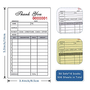 10 Pack Thank You Receipt Book, 3.4x5.5" Handheld 2-Part Carbonless Sales Invoice Book, Invoice Pad with Cardboard for Small Boutique Business, (50 Sets * 10Pack)