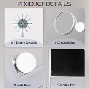 MISAVANITY Hollywood Vanity Mirror with Wireless Charging and Speaker 9.84" x11.81" Lighted Makeup Vanity Mirror with 9 Bulbs 360 Rotation 10X Magnification 3 Color Lighting Modes Mirror, White