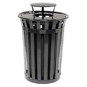 Global Industrial 36 Gallon Outdoor Metal Slatted Trash Receptacle with Rain Bonnet Lid, Black