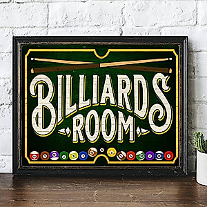 "Billiards Room" -Vintage Pool Room Sign - 14 x 11" Rustic Game Room Wall Art Print -Ready to Frame. Home-Play Room-Bar-Shop-Man Cave Decor. Great Gift for All Pool Sharks! Printed on Photo Paper.