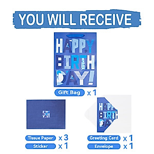 13" Large Blue Gift Bags Set with Greeting Card and Tissue Papers (Blue Happy Birthday) for Men's Birthday Party,Kids' Parties, Baby Shower, or Baby Boy - 13”x10.2”x5.2”, 1 Pcs