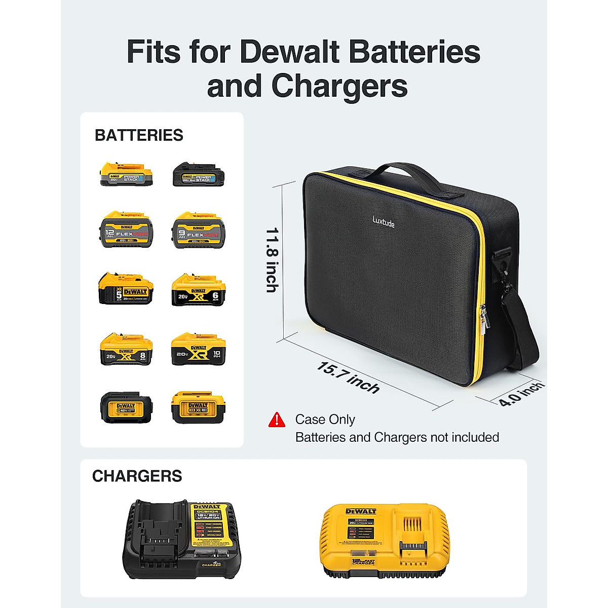 Luxtude Extra Large Battery Case for Dewalt/Milwaukee/Ryobi 12V/18V/20V Battery & Charger, Tool Battery Case for DEWALT Holds 20V 2.0/3.0/4.0/5.0/6.0/9.0-Ah Batteries, Adapter,Bag Only