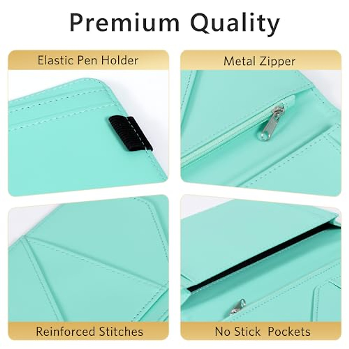 CoBak Server Book - Waitress Book Organizer with Zipper Pouch for Restaurant Waitstaff, 5 Large Pockets with Pen Holder, Mint Green.