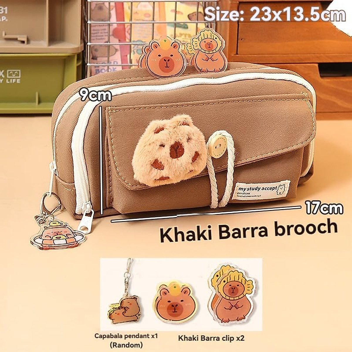 forzma Open Wide 4 Compartment Pencil Case Pen Pouch Canvas Capybara with Pen Slots Grids Bonus Pin Brown/Black (Milk Coffee)