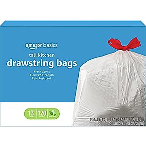 Amazon Basics Flextra Tall Kitchen Drawstring Trash Bags, Fresh Scent, 13 Gallon, 120 Count