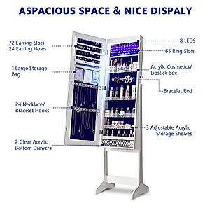 Gurexl 2-in-1 Jewelry Armoire with 8 LEDs,Door/Wall Mounted/Free Standing Jewelry Cabinet with Adjustable Acrylic Storage Shelf,Lockable Jewelry Organizer with Full Length Mirror for Bedroom